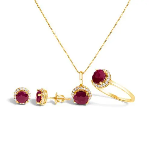 HAUS OF BRILLIANCE 10k Gold Gemstone And Diamond Halo Jewelry Set - Yellow | Red Ruby